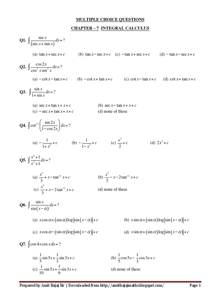 CH 7 Integral Calculus Multiple Choice Questions (With Answers ...