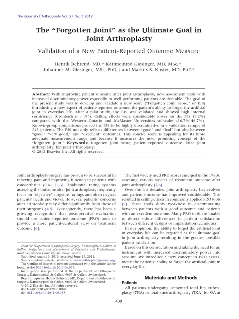 Forgotten Joint Score PDF | PDF | Validity (Statistics) | Osteoarthritis