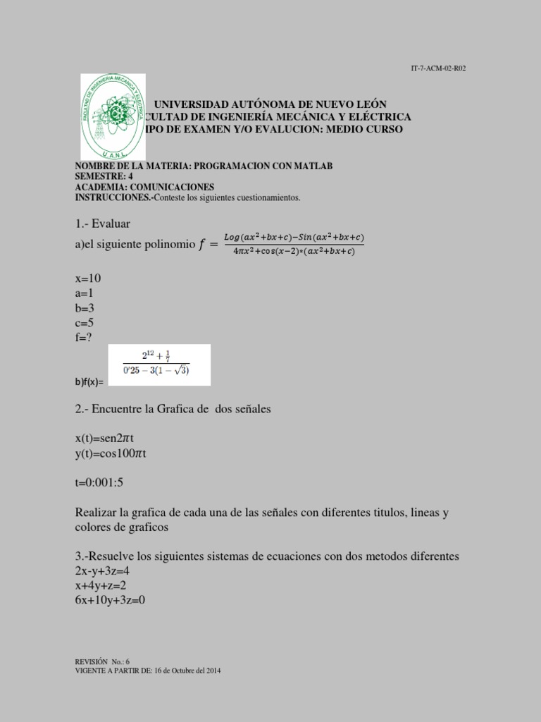 Examen Medio Curso de Programacion Con MAtlab N3 | PDF