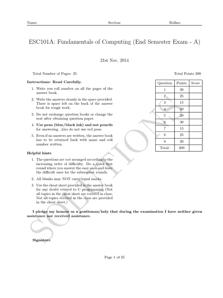 Solutions: ESC101A: Fundamentals of Computing (End Semester Exam - A) | Download Free PDF ...