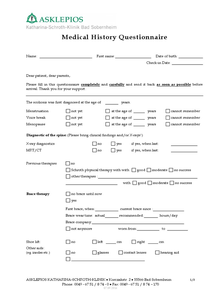 Scoliosis Medical History Questionnaire | PDF | Physical Therapy ...