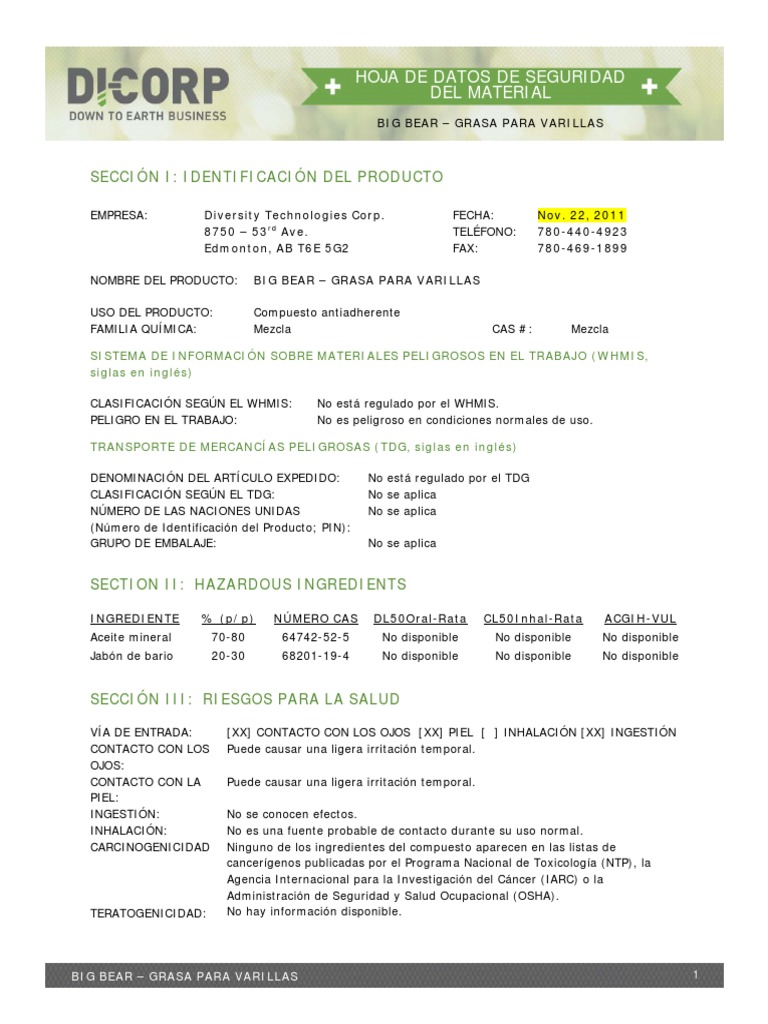 Hoja de Seguridad: Grasa Big Bear | PDF | Residuos | Agua