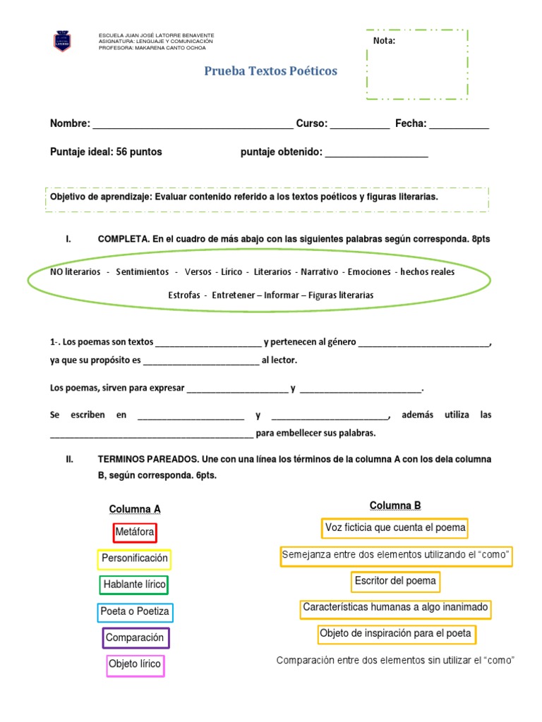Prueba Textos Poéticos 5to Basico | PDF | Rima | Poesía