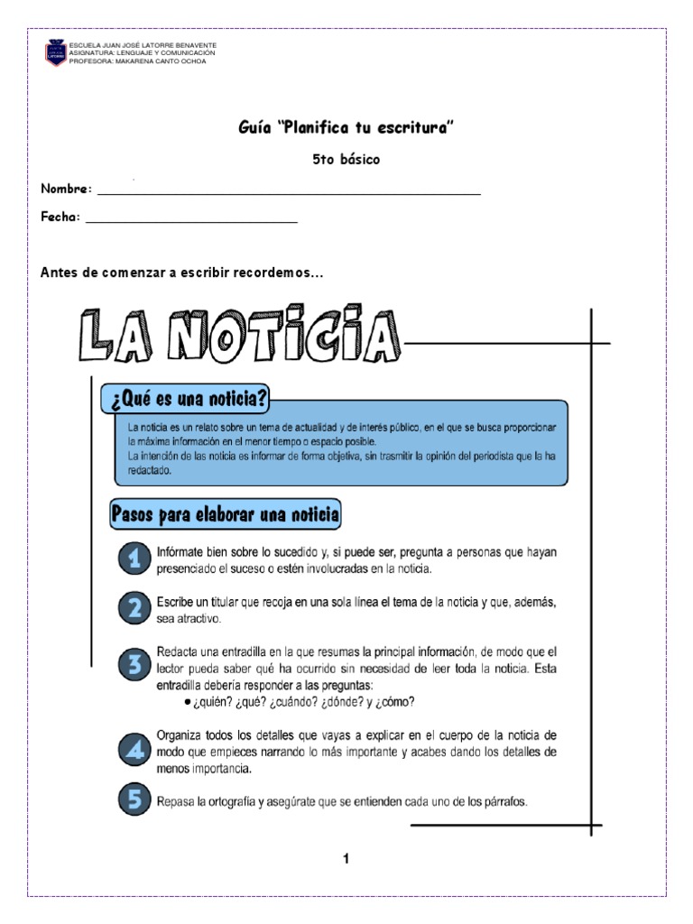 Planificación para Escribir una Noticia | PDF | Artes del Lenguaje y ...