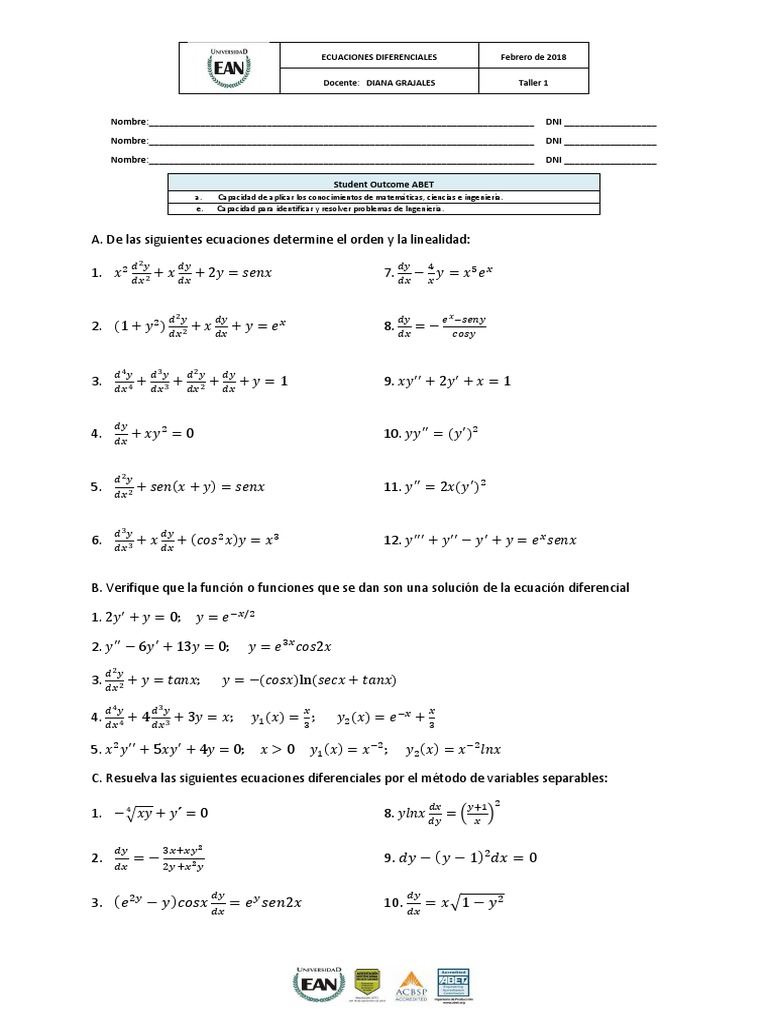 Taller 1. Variables Separables. Factor Integrante | PDF | Ecuaciones diferenciales | Ecuaciones