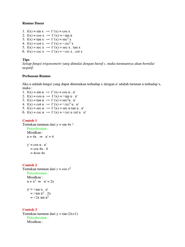 Rumus Dasar TURUNAN FUNGSI TRIGONOMETRI | PDF