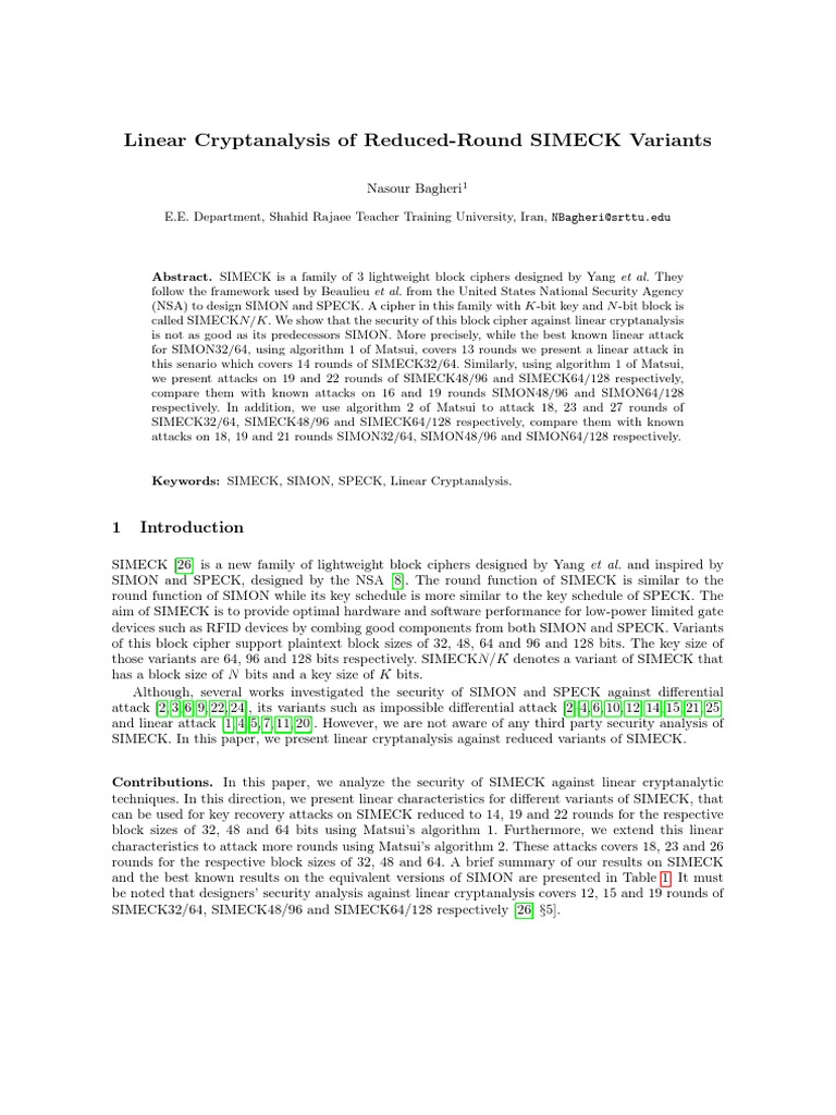 Linear Cryptanalysis of Reduced-Round SIMECK Variants | PDF | Cryptanalysis | Security Technology