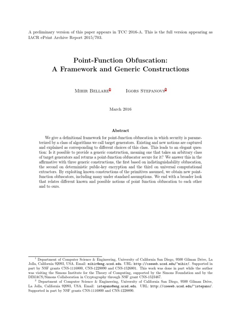 Point-Function Obfuscation: A Framework and Generic Constructions | PDF | Time Complexity ...