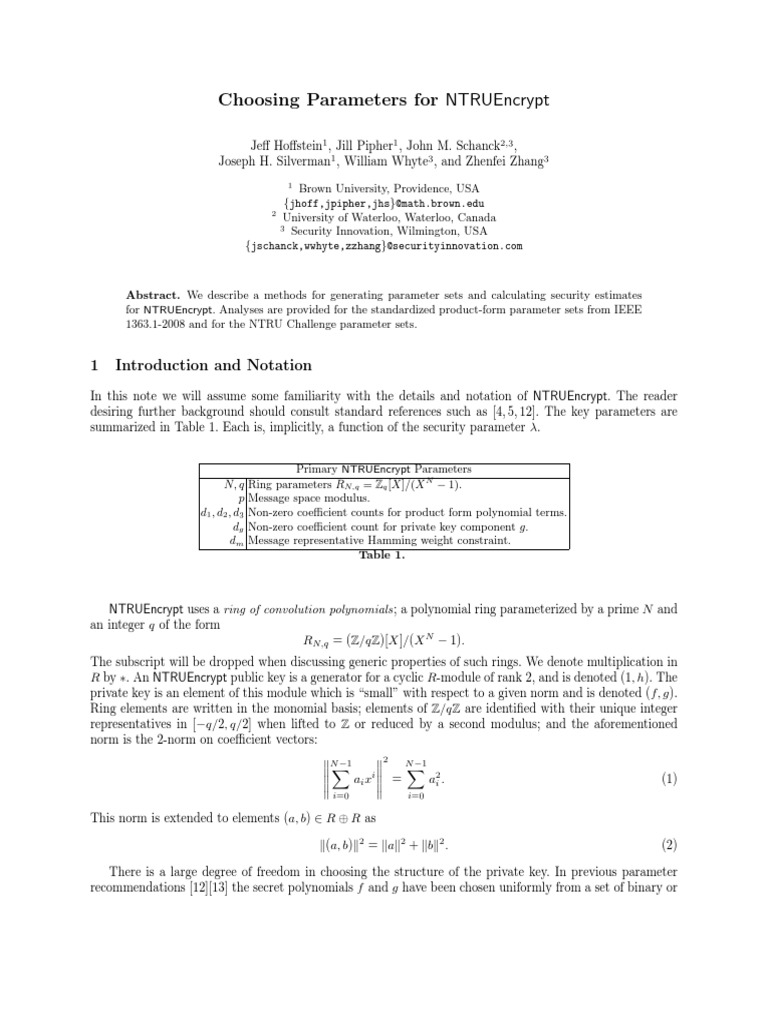 Choosing Parameters For Ntruencrypt: 1 Introduction and Notation | PDF ...