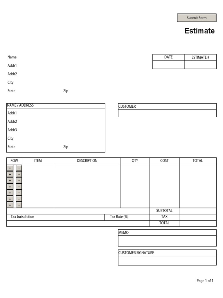 Estimate: Date Estimate # Name Addr1 Addr2 City State Zip | PDF