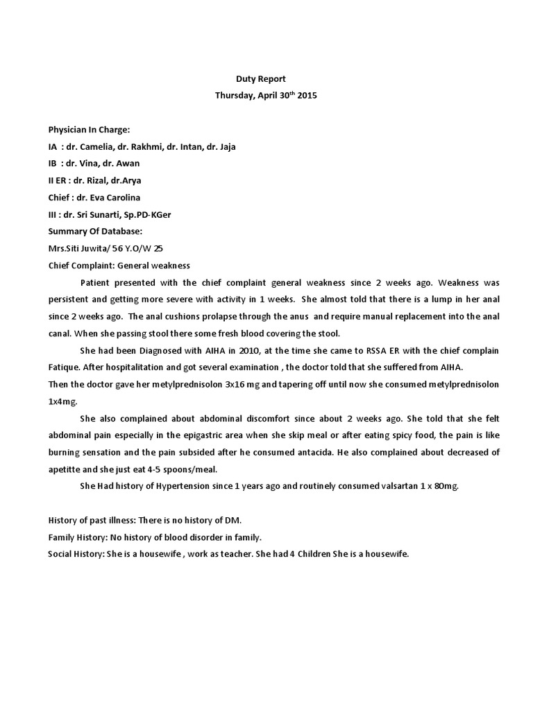 Daily Ward Report from RSSA Hospital Summarizing Five Patients' Cases ...