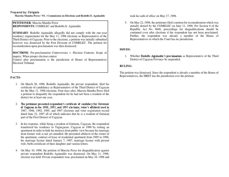 Aguinaldo's Election Controversy Dismissed | PDF | Commission On ...