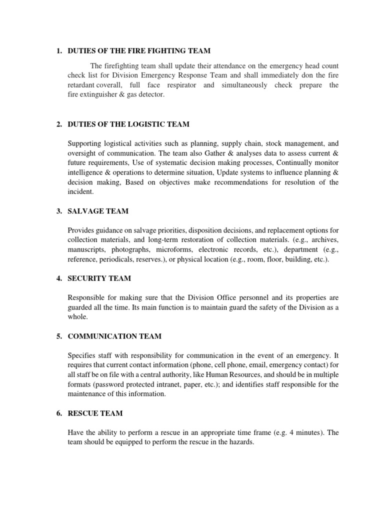 Firefighting Team Duties and Roles | PDF | First Aid | Emergency