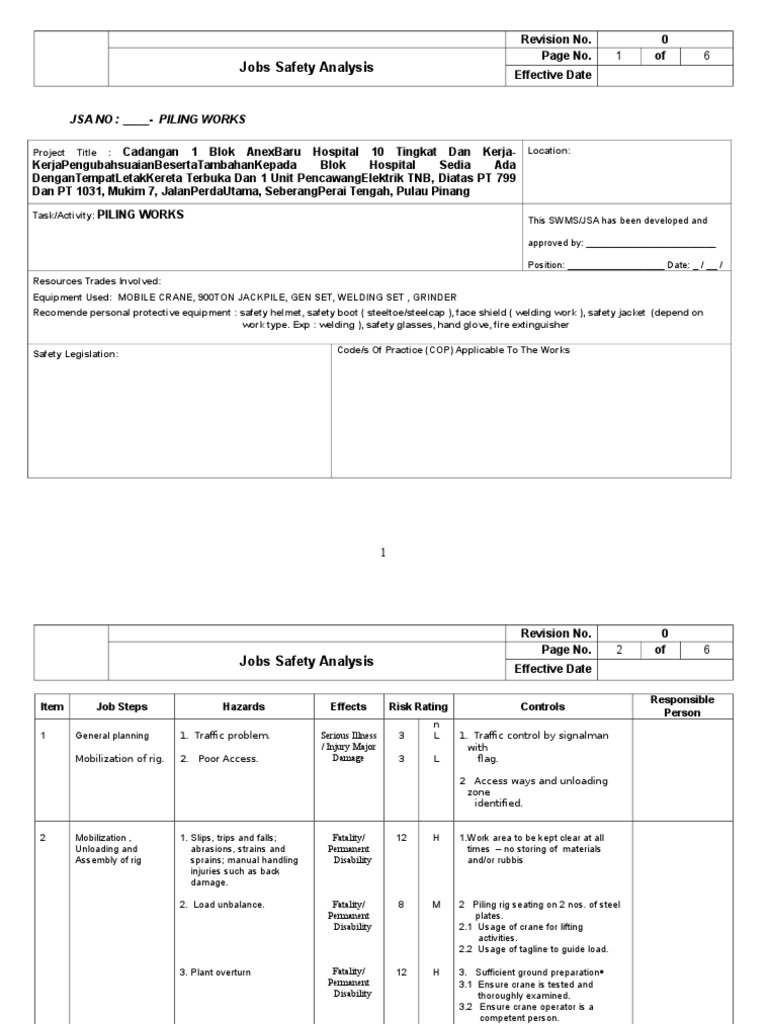 JSA for Piling Works Safety Analysis | PDF | Welding | Construction