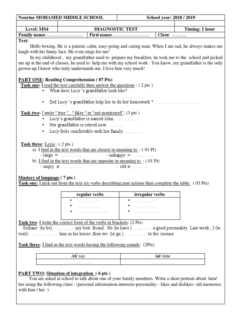 Diagnostic Test Ms4 2018 2019 | PDF | Grammar | Linguistics