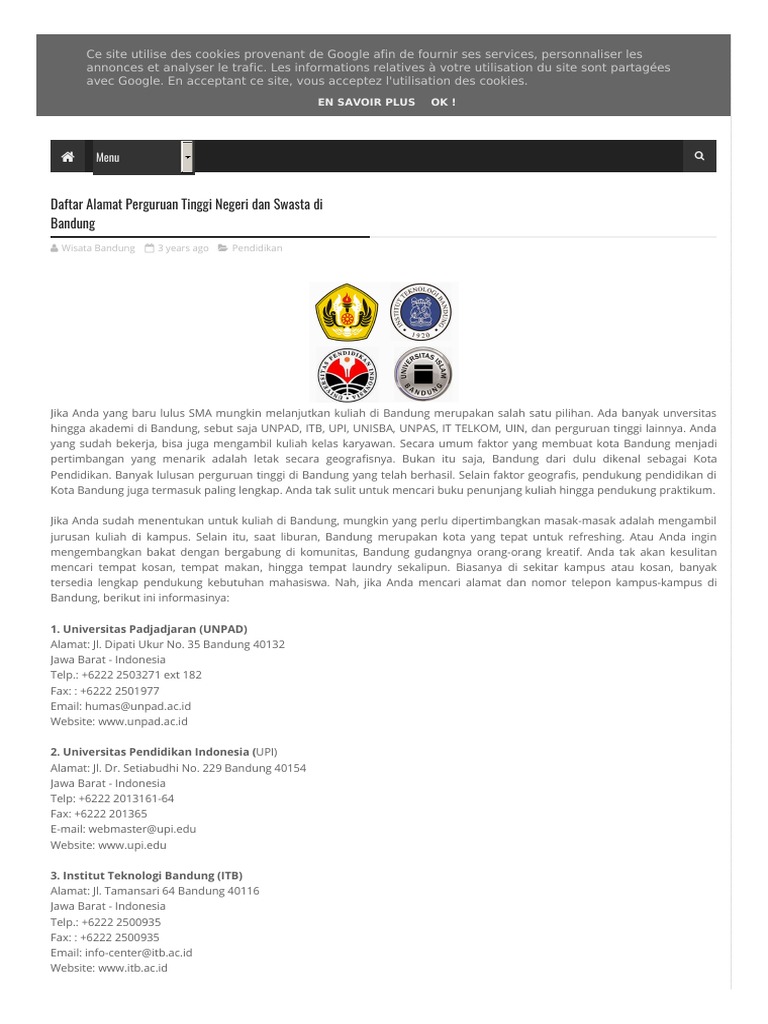 Daftar Nama Perguruan Tinggi Negeri Dan Swasta Di Bandung | PDF