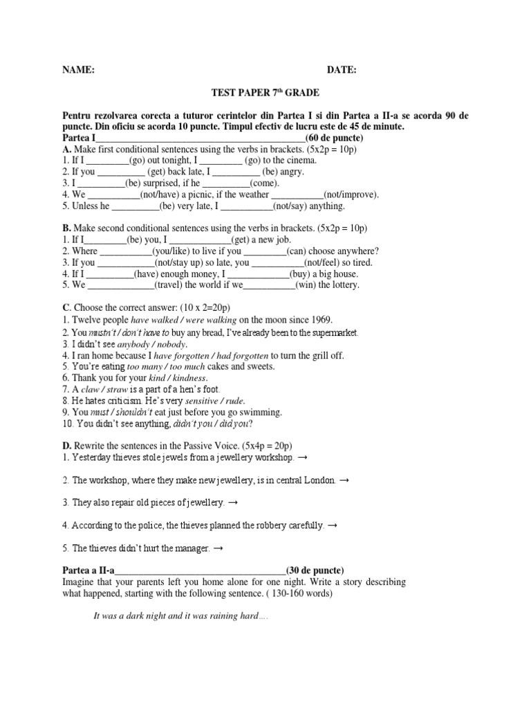 Seventh Grade Test: Grammar and Writing Exercise | PDF