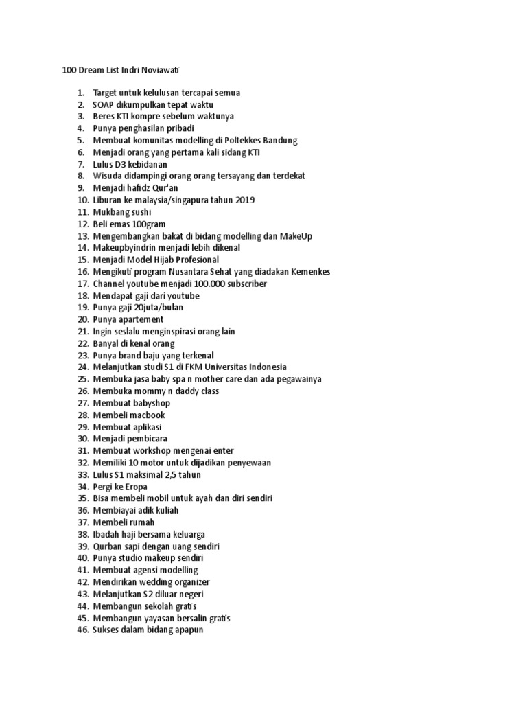 100 Dream List | PDF