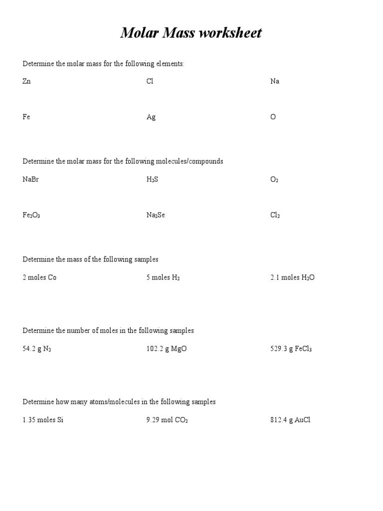 Molar Mass Worksheet | PDF