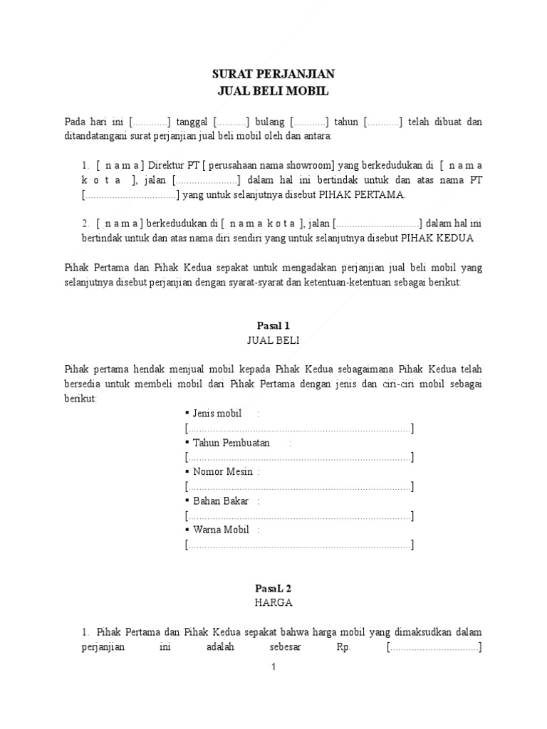 Surat Perjanjian Jual Beli Mobil I | PDF