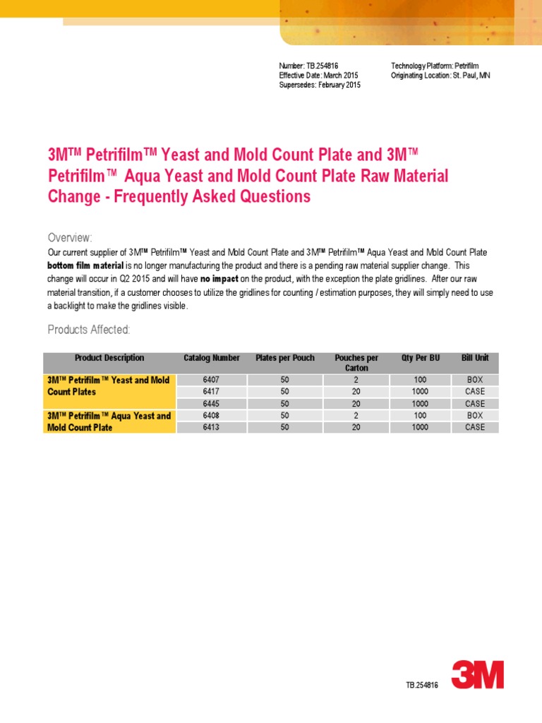 3M Petrifilm Yeast and Mold Count Plate Raw Material Change FAQ | PDF ...