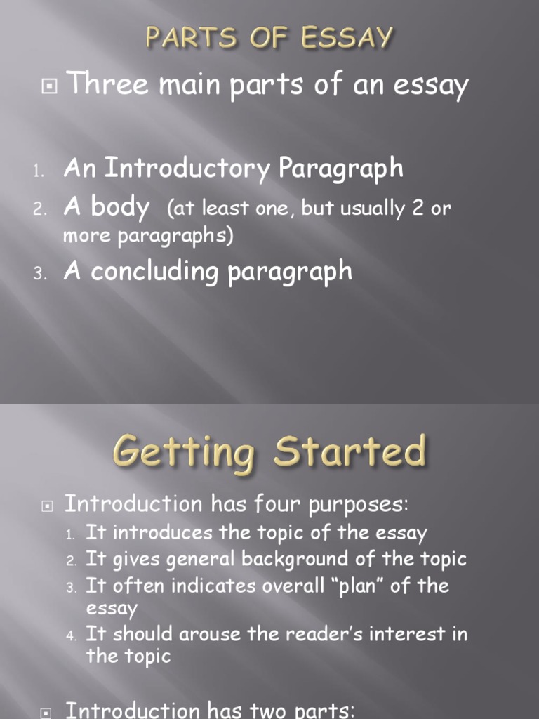 Three Main Parts of An Essay: An Introductory Paragraph A Body A ...