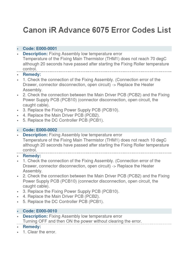 Canon IR Advance 6075 Error Codes List | PDF | Relay | Printed Circuit ...