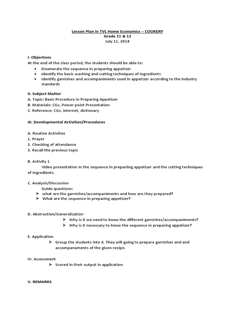 Lesson Plan in TVL Home Economics - COOKERY Grade 11 & 12 | PDF