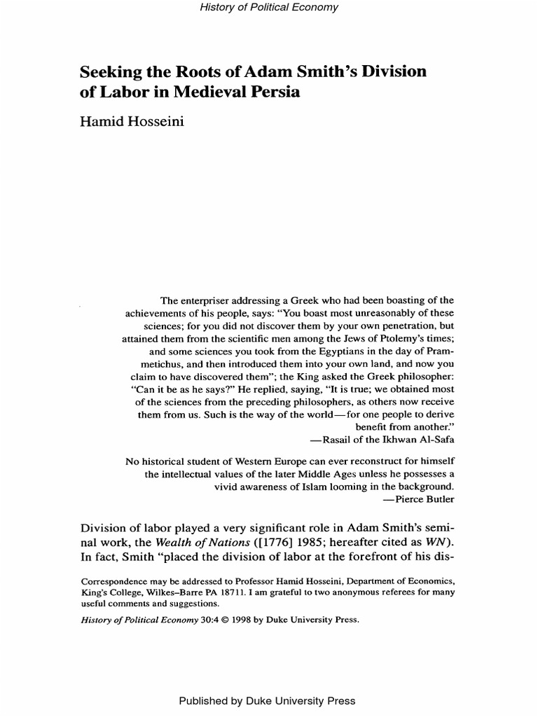 Roots of Adam Smith Division of Labor in Medieval Persia | PDF ...