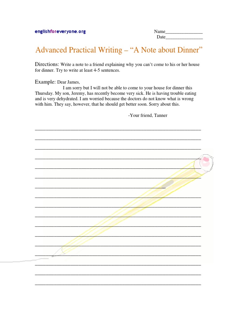 A2 Writing Exercise: Dinner Note | PDF