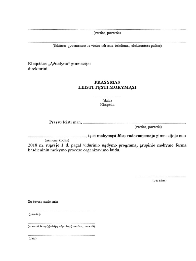 Prasymas Testi Mokymasi Trecioje Klaseje PDF | PDF