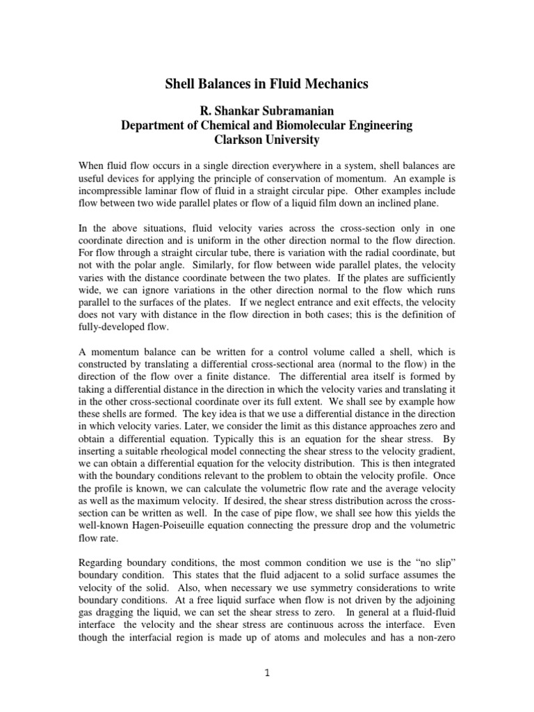 Shell Balances in Fluid Mechanics PDF | PDF | Fluid Dynamics | Shear Stress