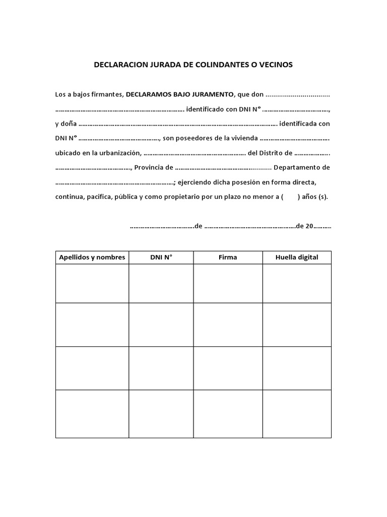 Declaracion Jurada de Colindantes o Vecinos | PDF Declaracion Jurada de Colindantes o Vecinos | PDF