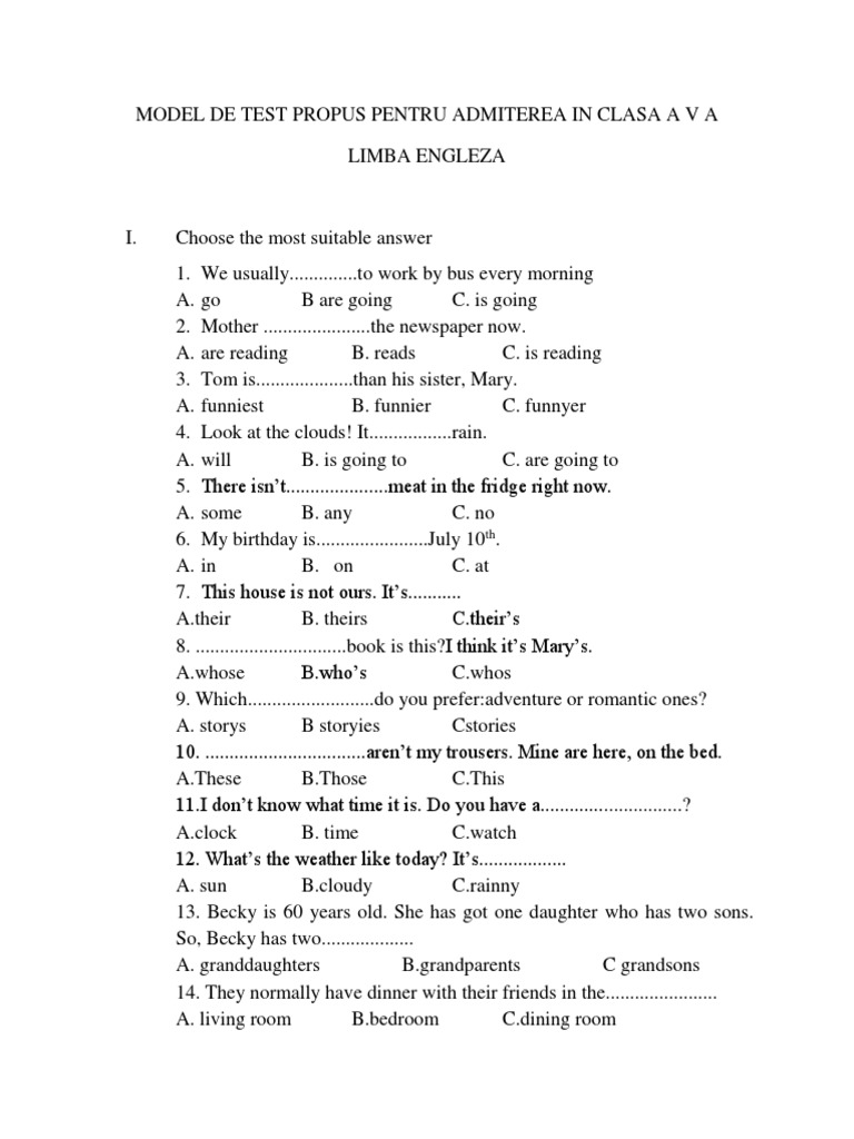 Test Engleza PT Admiterea Intensiv Cls 5 | PDF | Human Appearance ...