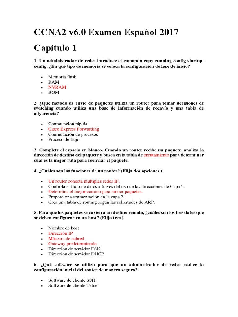 CCNA2 v6 Examen 2017 PDF | PDF | Enrutador (Computación) | Conmutador de red