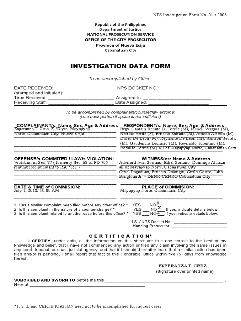 Investigation Data Form | PDF | Public Sphere | Common Law