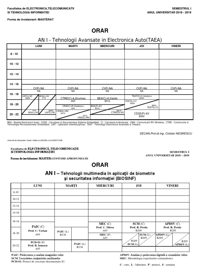 Orar Master An1 Sem1 2018 | PDF
