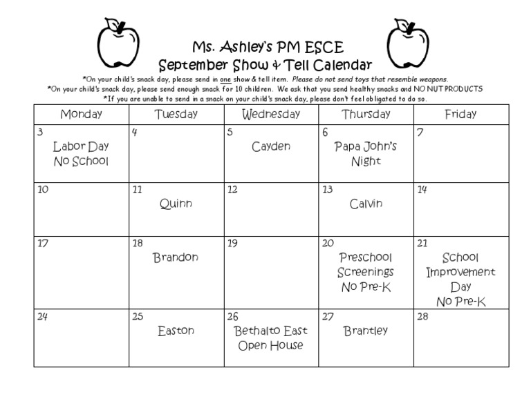 PM Sept Snack Calendar | PDF