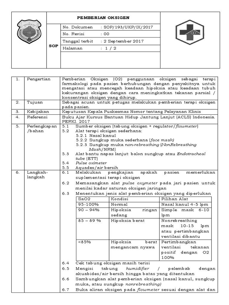 Prosedur Pemberian Terapi Oksigen | PDF