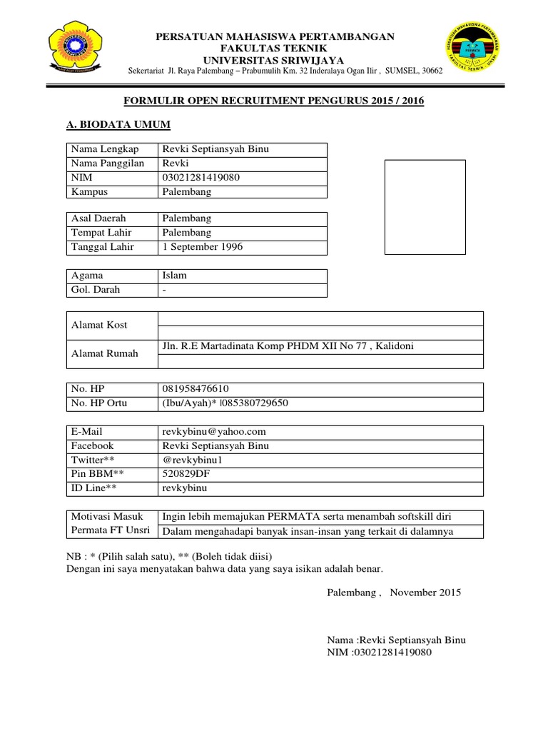 Rekrutmen Pengurus Permata FT Unsri | PDF