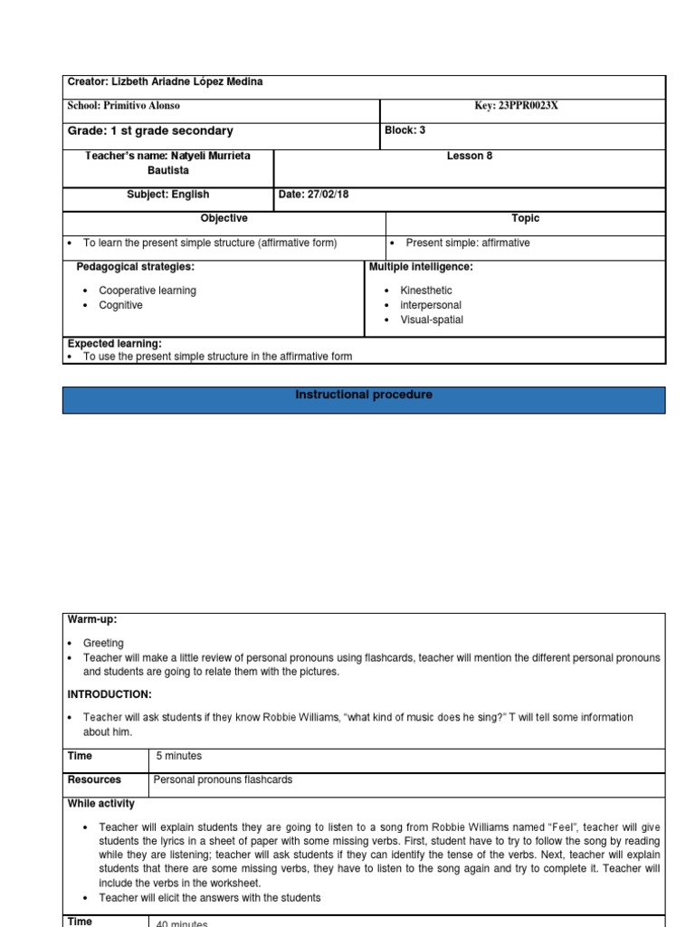 Grade: 1 ST Grade Secondary: To Learn The Present Simple Structure ...