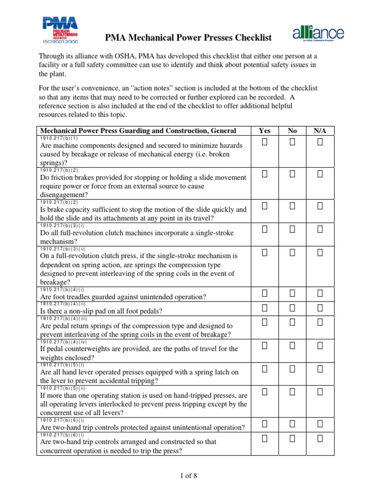 PMA Power Press Safety Checklist | PDF | Clutch | Brake