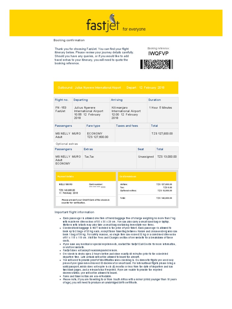FastJet Booking Confirmation Details | PDF | Identity Document ...