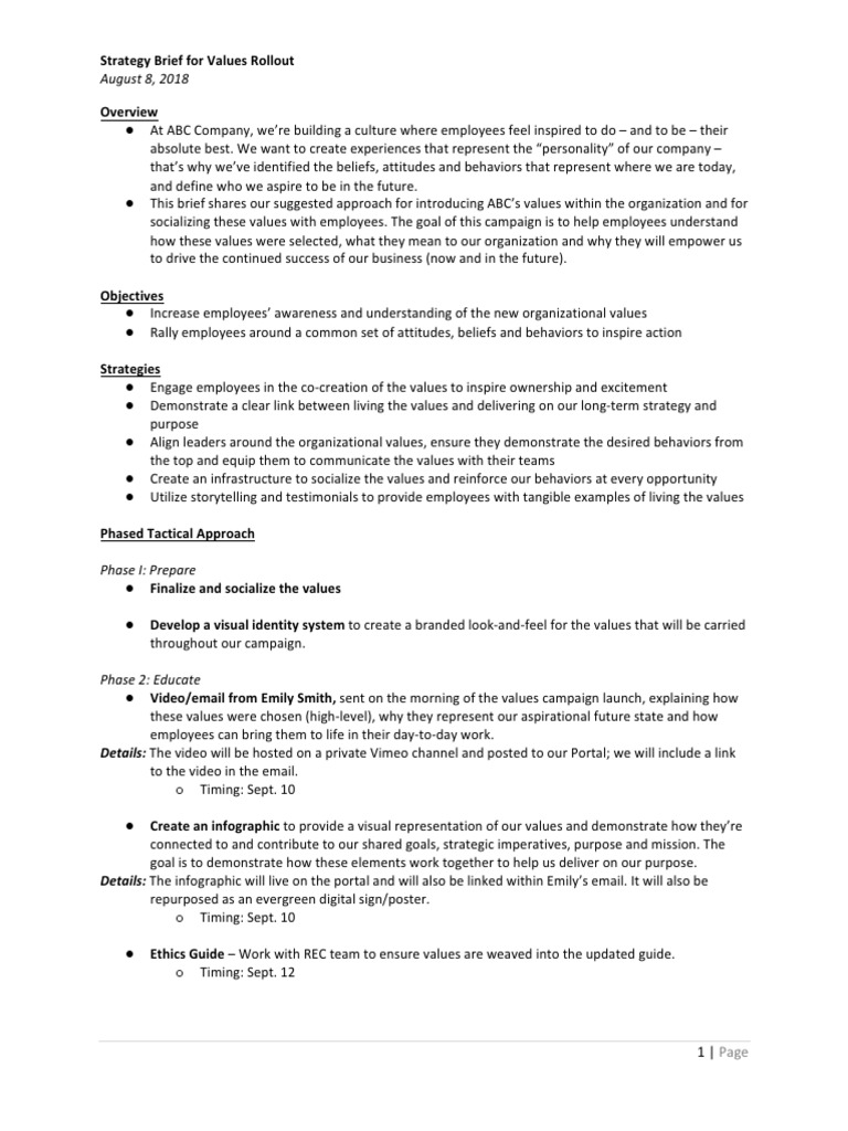 Strategy Brief For Values Rollout - 08 08 18 - v2 | PDF | Value (Ethics ...