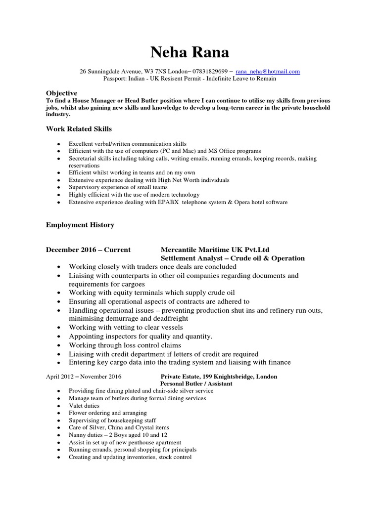 House Manager & Butler Resume | PDF | Business