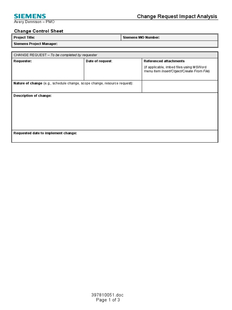Change Control Sheet: Change Request Impact Analysis | PDF ...