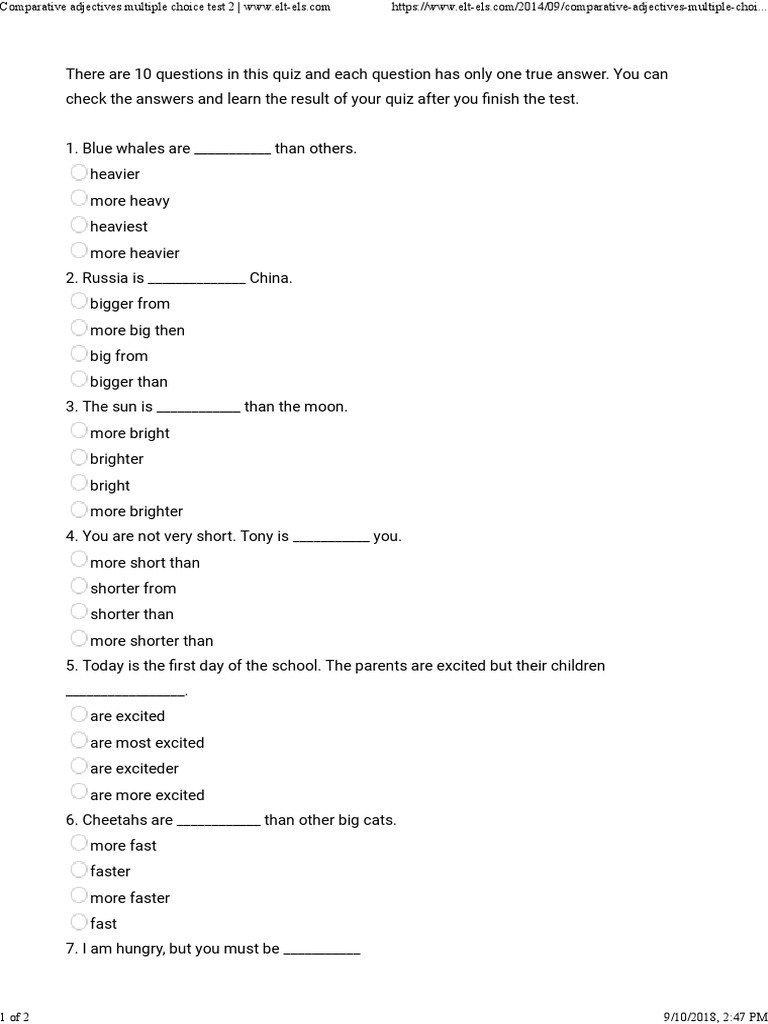 Comparative Adjectives Quiz | PDF | Multiple Choice | Tests