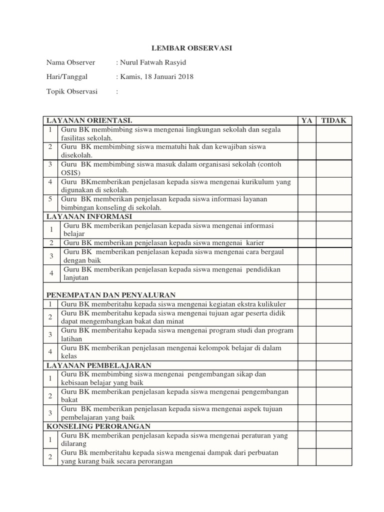 Lembar Observasi Bimbingan Konseling | PDF