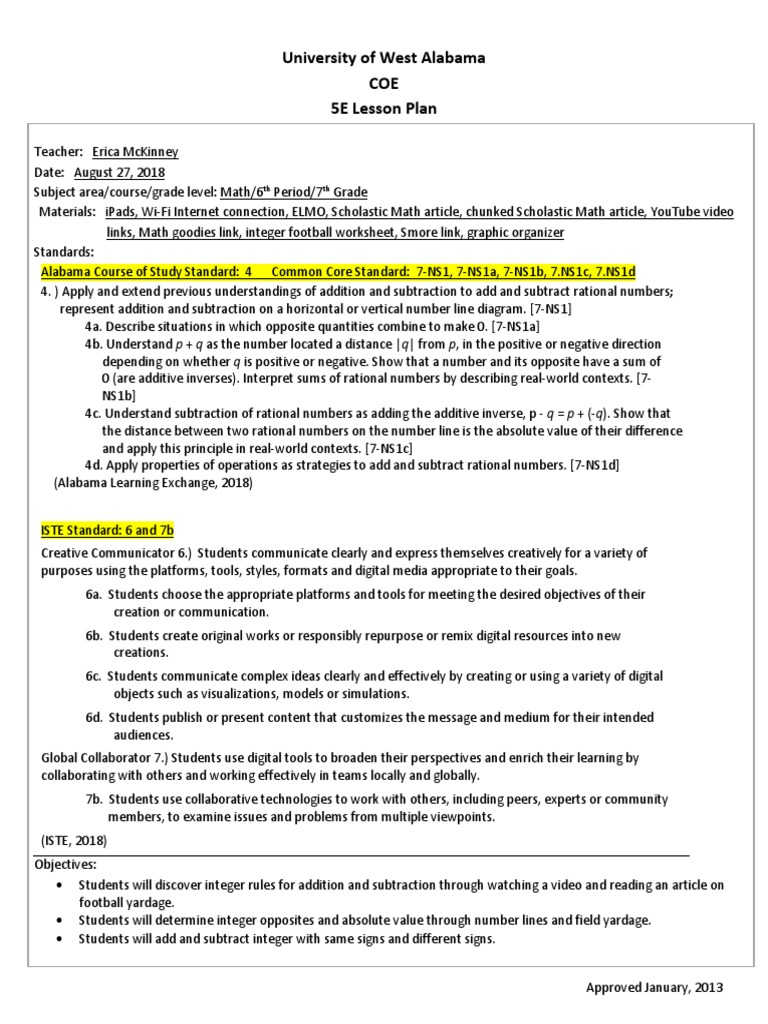 Uwa 5 e Lesson Plan | PDF | Subtraction | Numbers