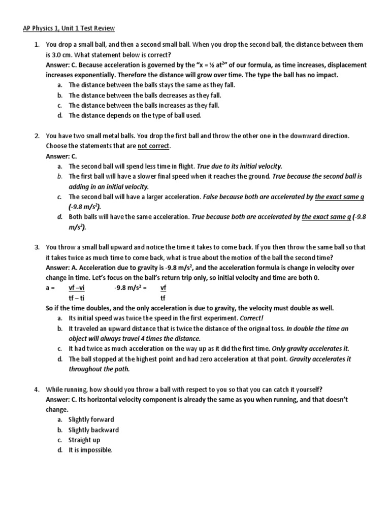 AP Physics 1 Unit 1 Test Review Answers 1ezrmkf | PDF | Velocity ...